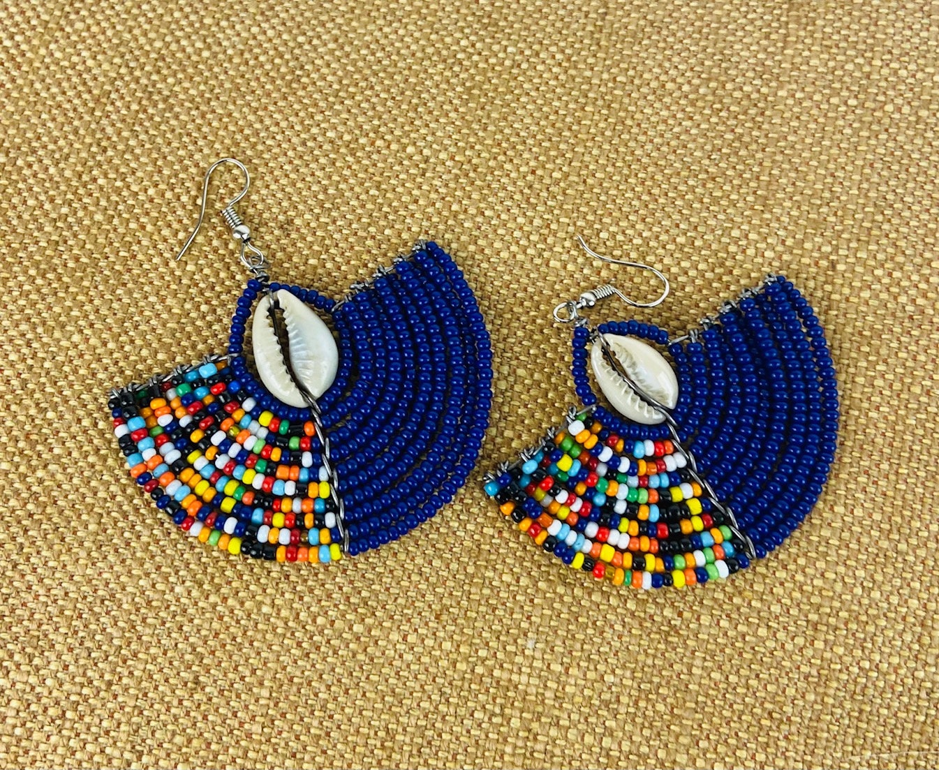Kenyan Earrings Navy Color Block With Cowry Center & Multi Beads - Etsy