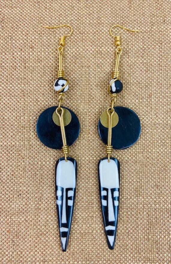 Kenyan Mask Earrings Bone and Brass | Etsy