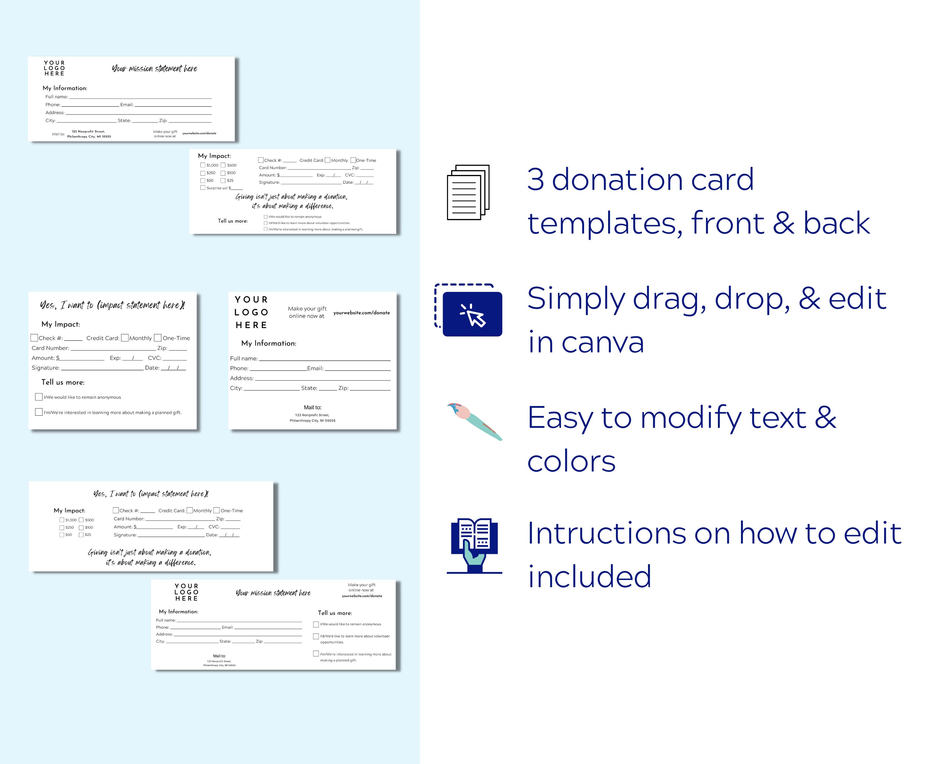 Donation Response Card | Three Styles | Editable and Customizable in ...