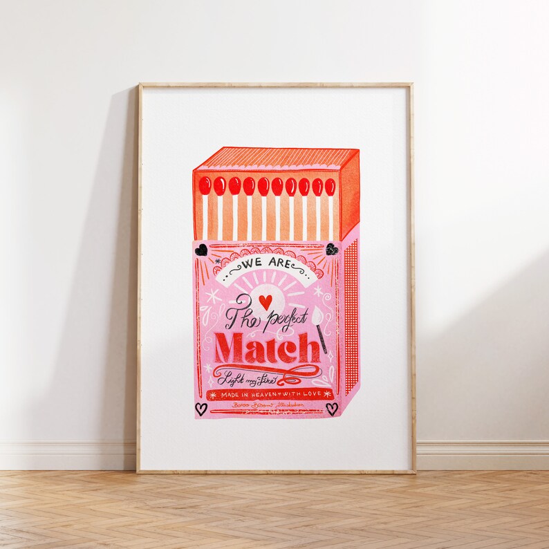 Perfect Match Wall Art | Pink Matchbox Poster | Love Art | Vintage ...