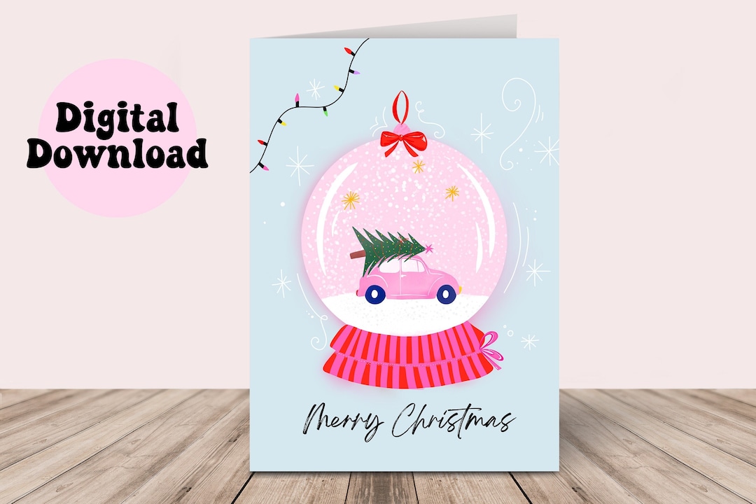 Printable Cute Pink Christmas Card, Pink Merry Christmas Card Instant ...