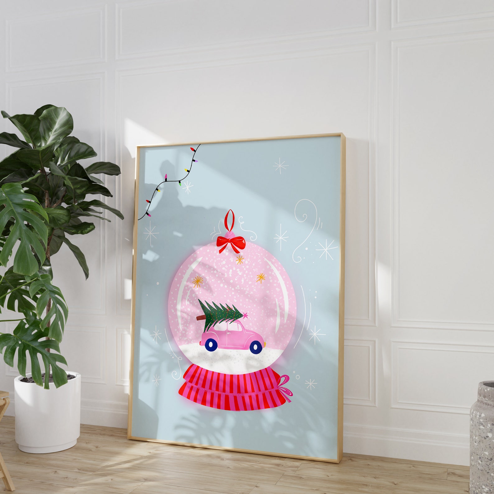 Pink Christmas Snow Globe Print: Eclectic Holiday Wall Art (digital ...