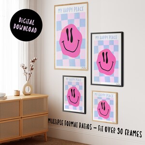 Retro Pink Smiley Face Poster: Funky Checkerboard Wall Art (digital ...