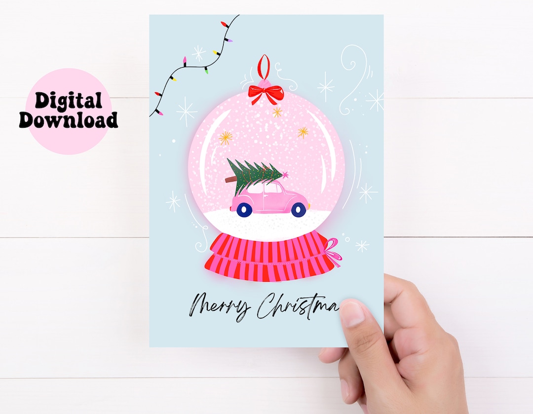 Printable Cute Pink Christmas Card, Pink Merry Christmas Card Instant ...