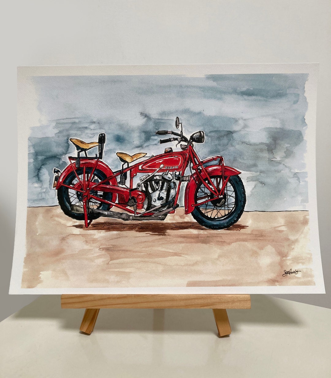 Vintage Red Motorcycle Print, Motorcycle Bike Art, Watercolor Giclée ...