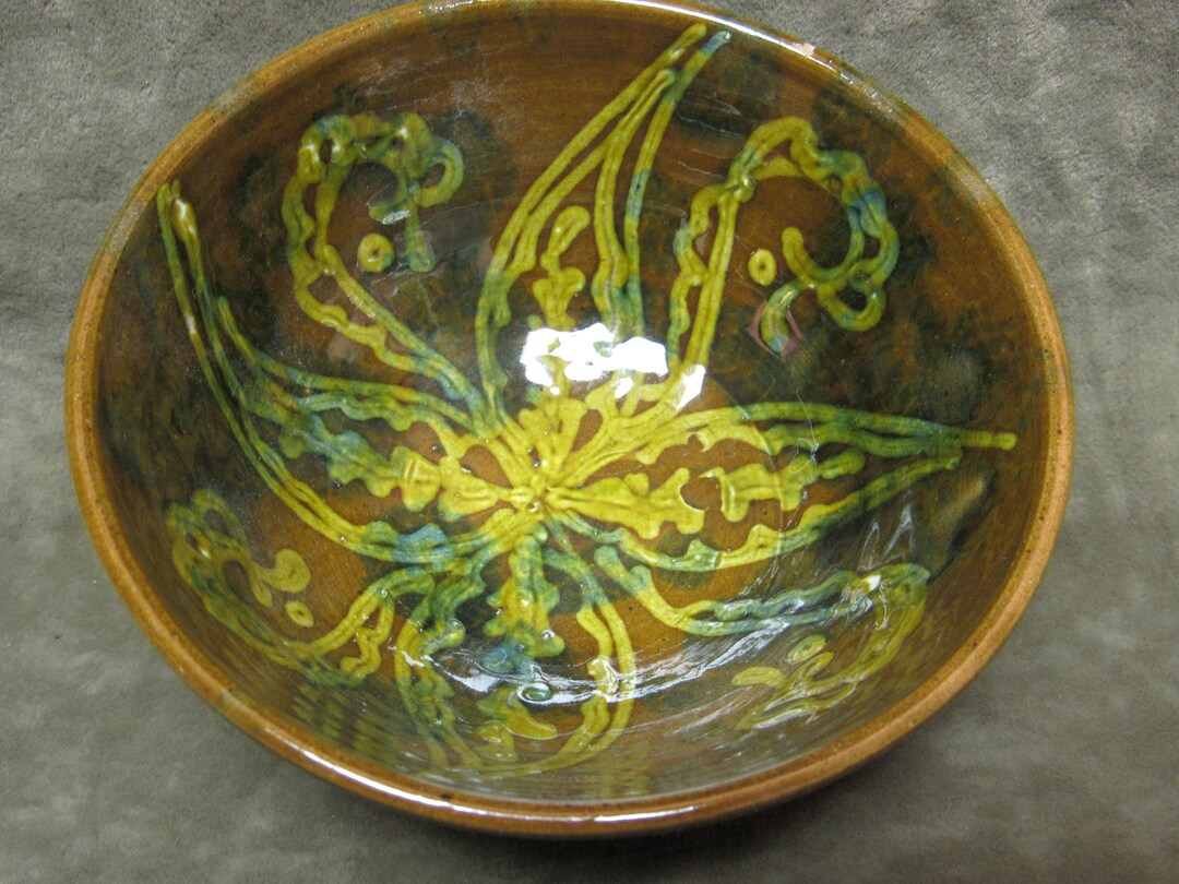 Vintage Signed HP Redware Art Pottery Yellow Blue Design Small Bowl ...