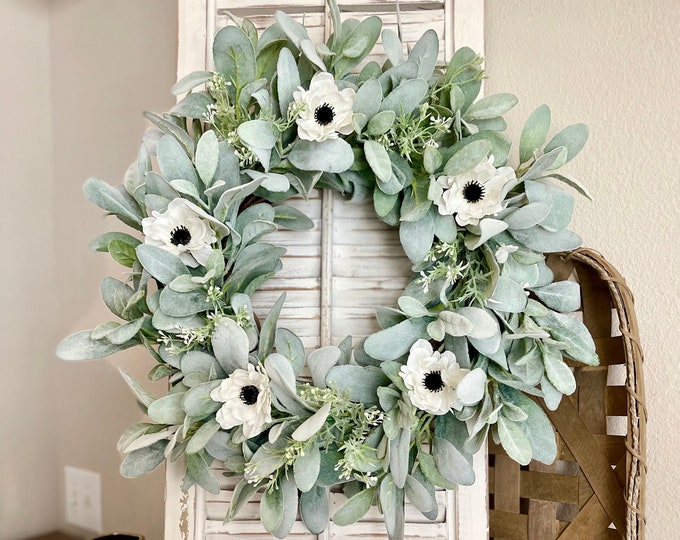 White Anemone Lambs Ear Wreath, Year-round Greenery Wreath, Neutral ...