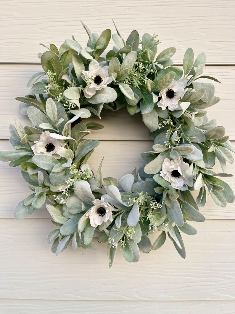 White Anemone Lambs Ear Wreath, Year-round Greenery Wreath, Neutral ...