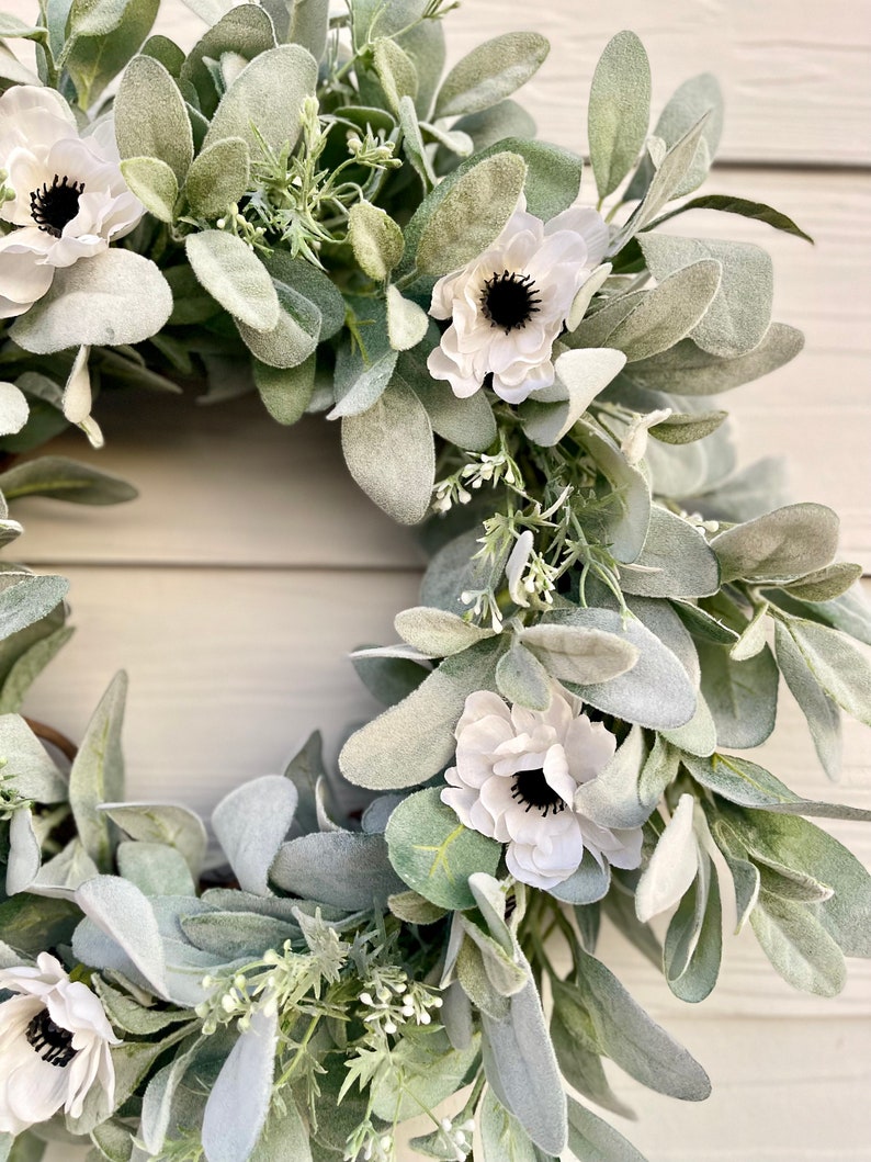 White Anemone Lambs Ear Wreath, Year-round Greenery Wreath, Neutral ...