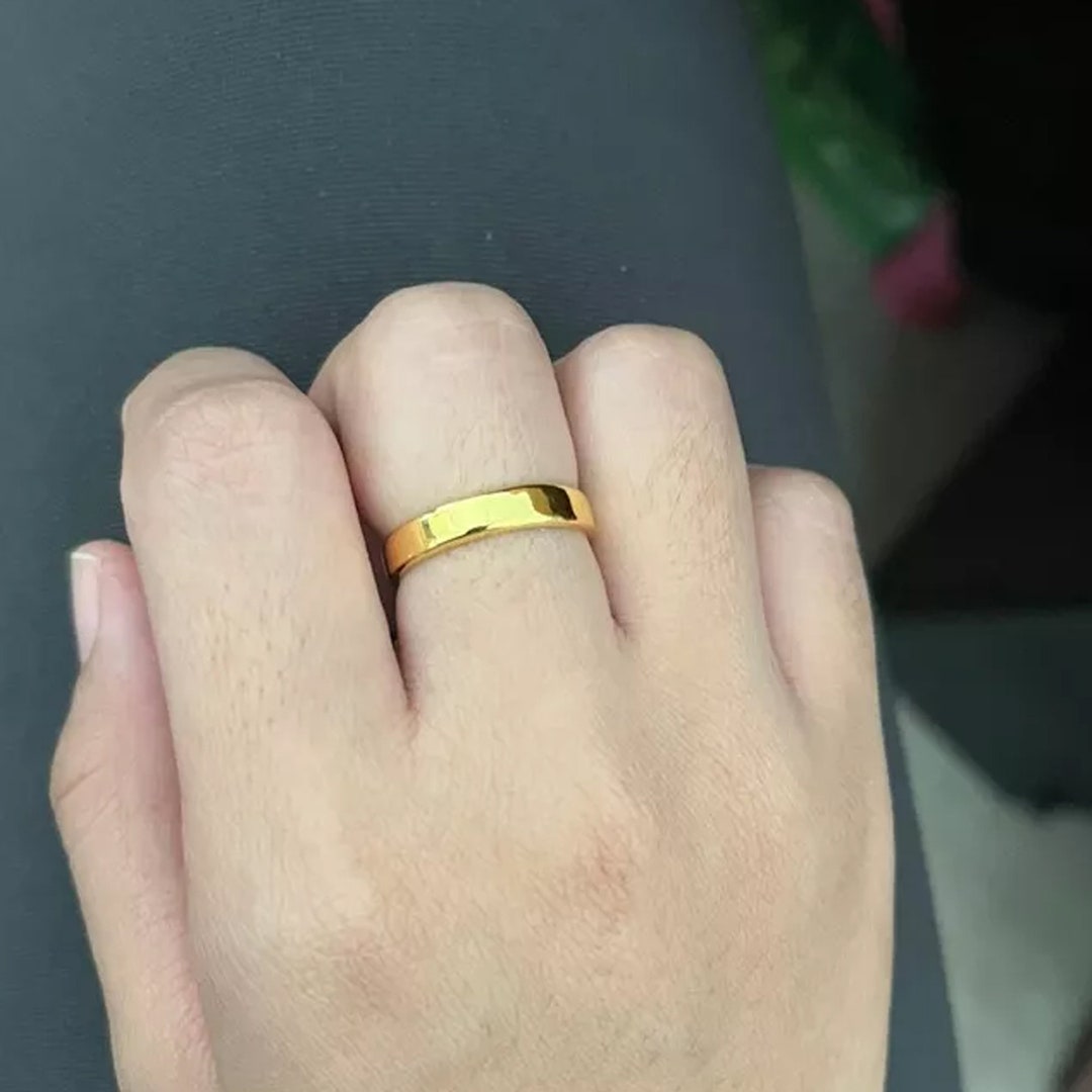 Gold Half-round Solid Gold Rings Hand Handcraft Solid Yellow Gold Flat Wedding Band Rings ...