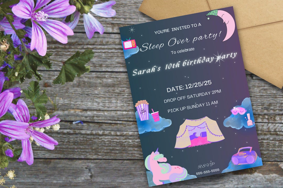 Editable Birthday Party Invitation Template, Sleep Over Birthday Party ...