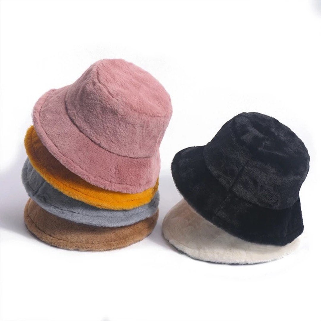 Solid Colour Faux Fur Bucket Hat Fuzzy Material Colorblock Fishermans ...