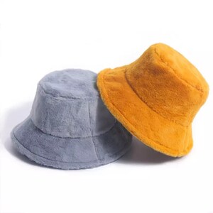 Solid Colour Faux Fur Bucket Hat Fuzzy Material Colorblock Fishermans ...