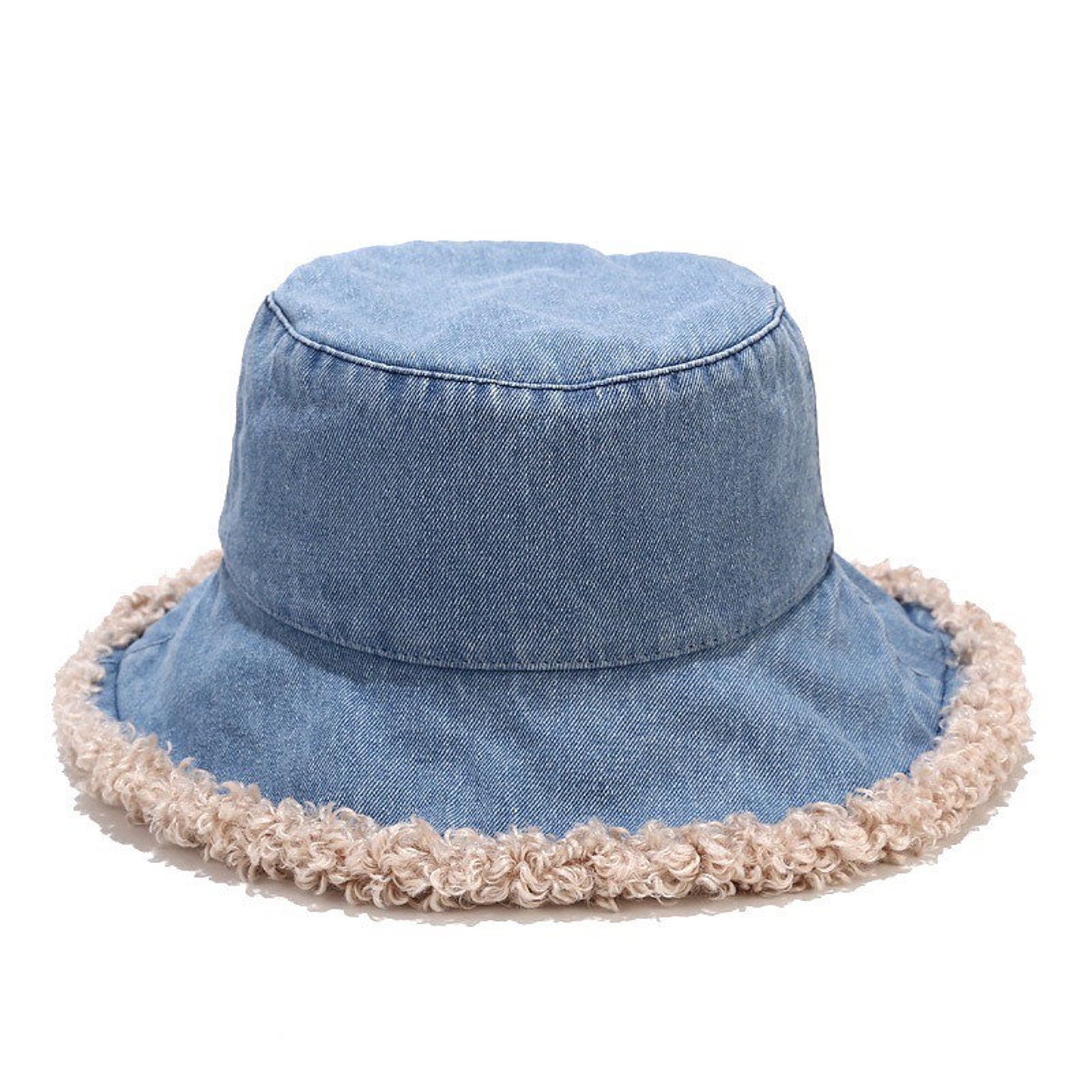 Blue Denim Teddy Trim Bucket Hat Plush Material Animal - Etsy