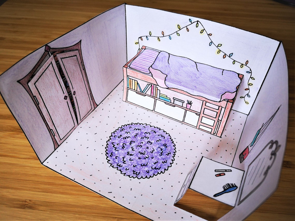 Pop-up paper dolls house bedroom printable colour cut fold | Etsy
