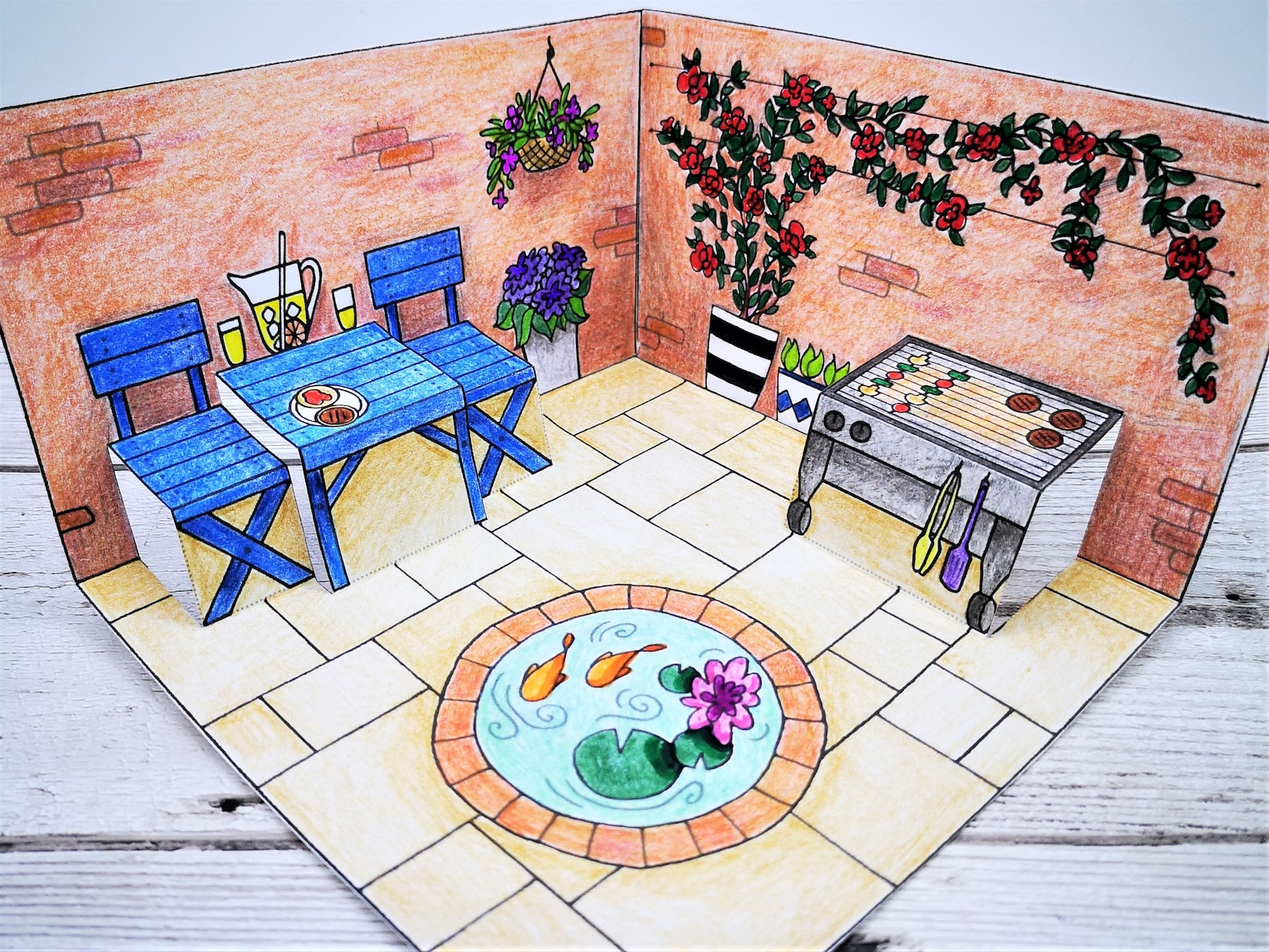 Pop-up Paper Dolls House Diorama Patio Garden - Printable With Table ...