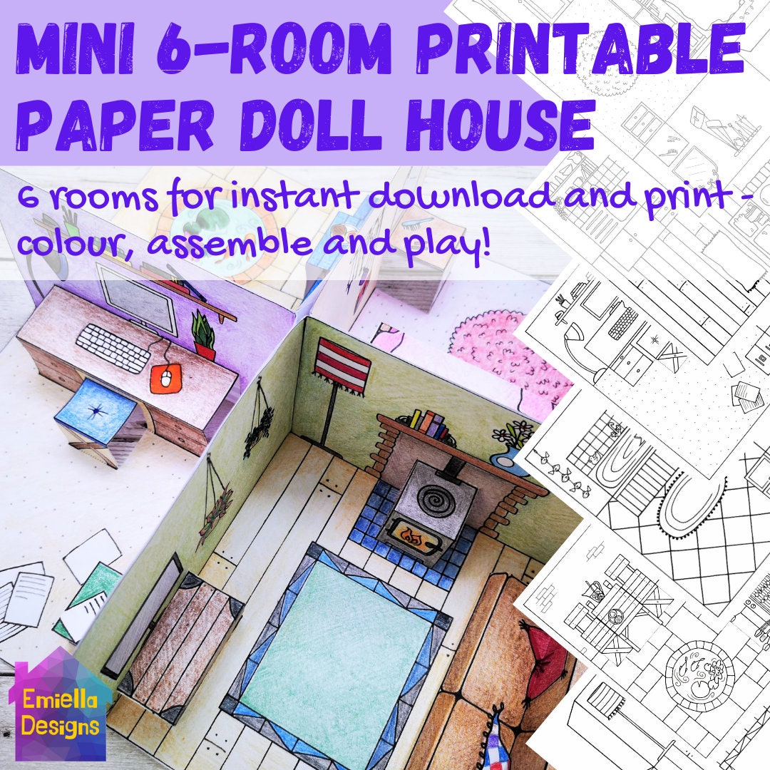 Printable Mini Paper DOLLSHOUSE - Bundle of 6 Pop-up Rooms to Color and ...