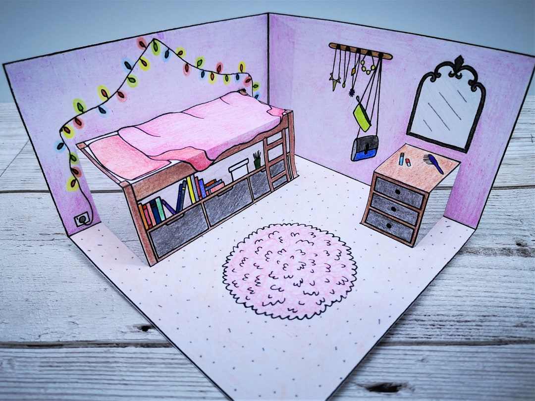 Pop-up Paper Dolls House Bedroom Printable Kids Craft - With Bed and ...