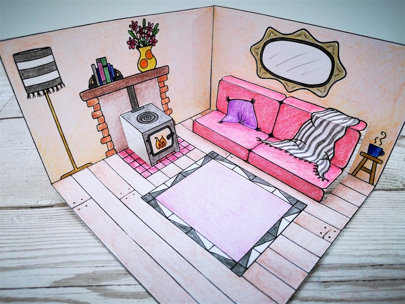 Pop-up Paper Dollshouse Lounge Printable Colouring Craft - With Couch ...