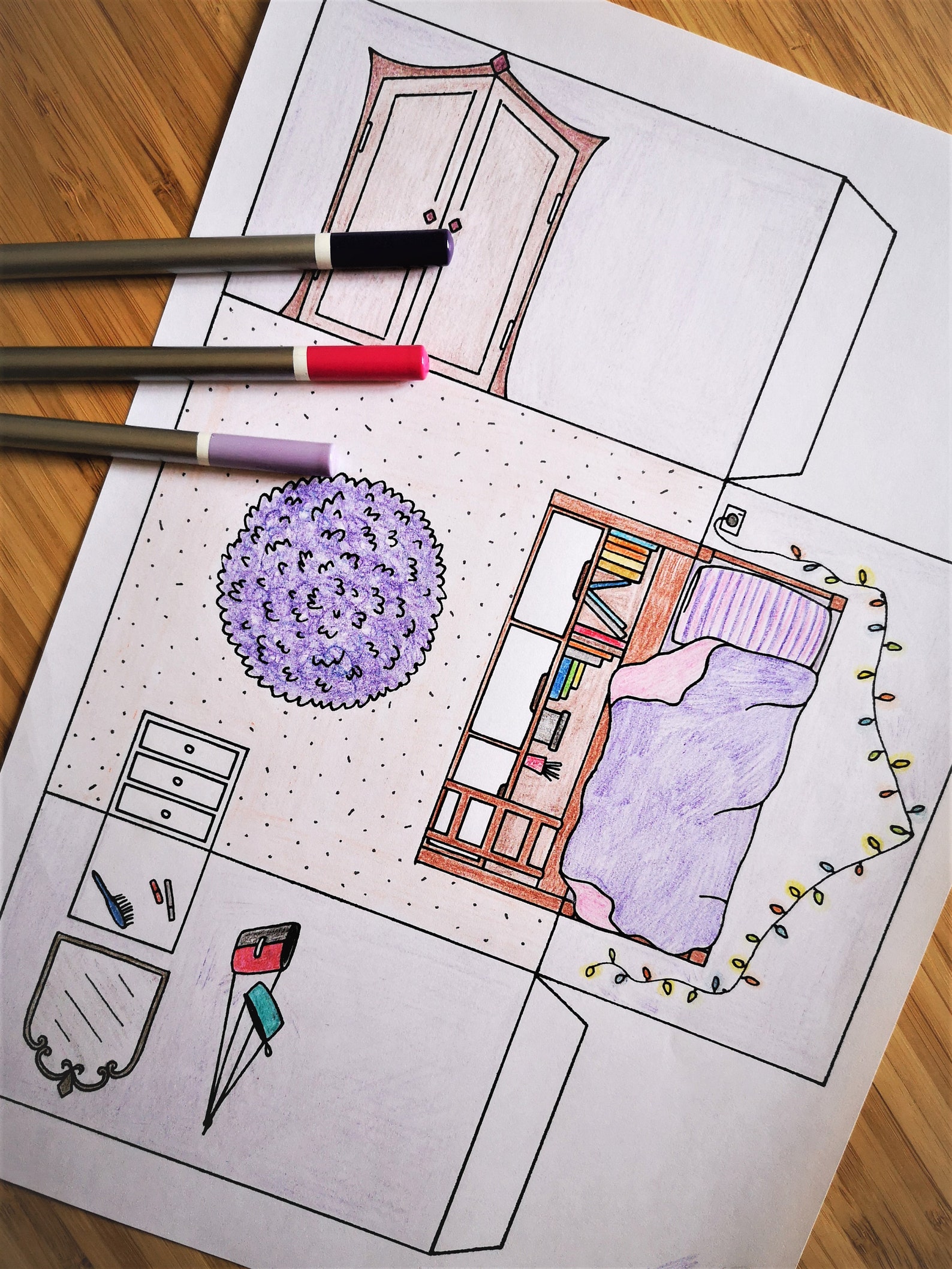 Pop-up paper dolls house bedroom printable colour cut fold | Etsy