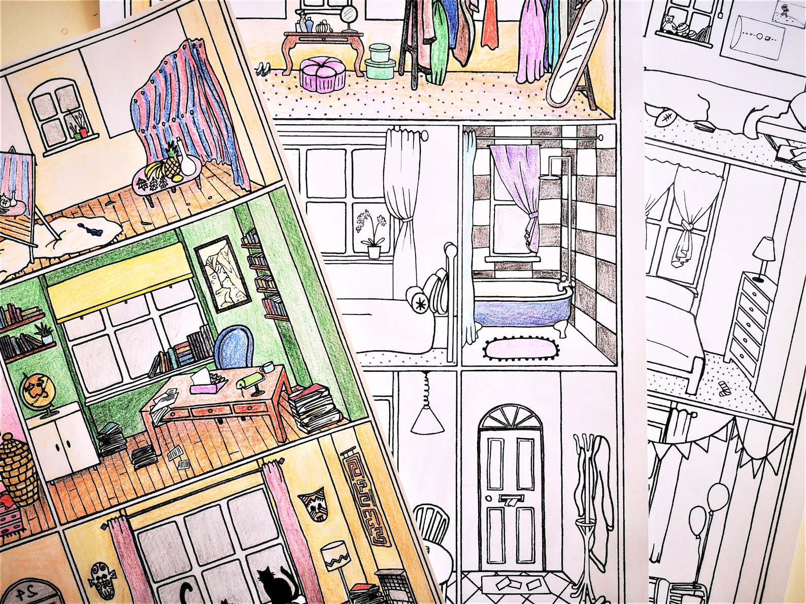 Bundle Of 4 Colouring Pages House Interiors Instant Etsy