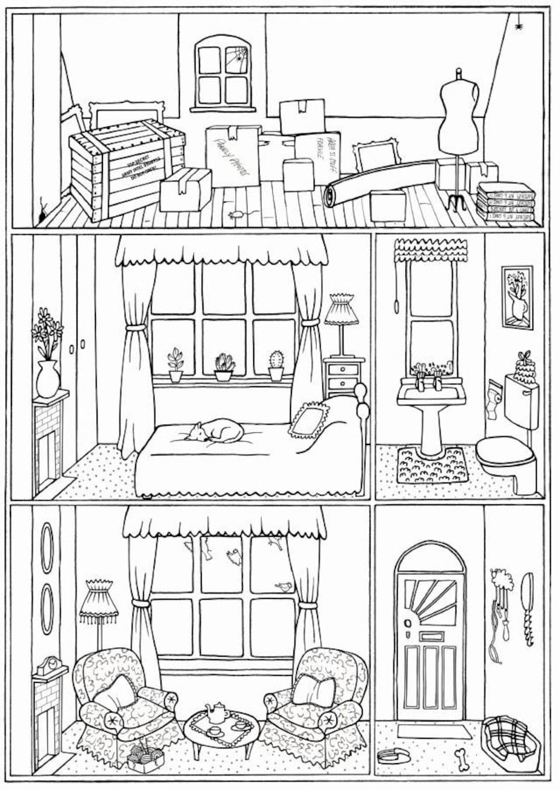 Bundle Of 4 Colouring Pages House Interiors Instant Etsy