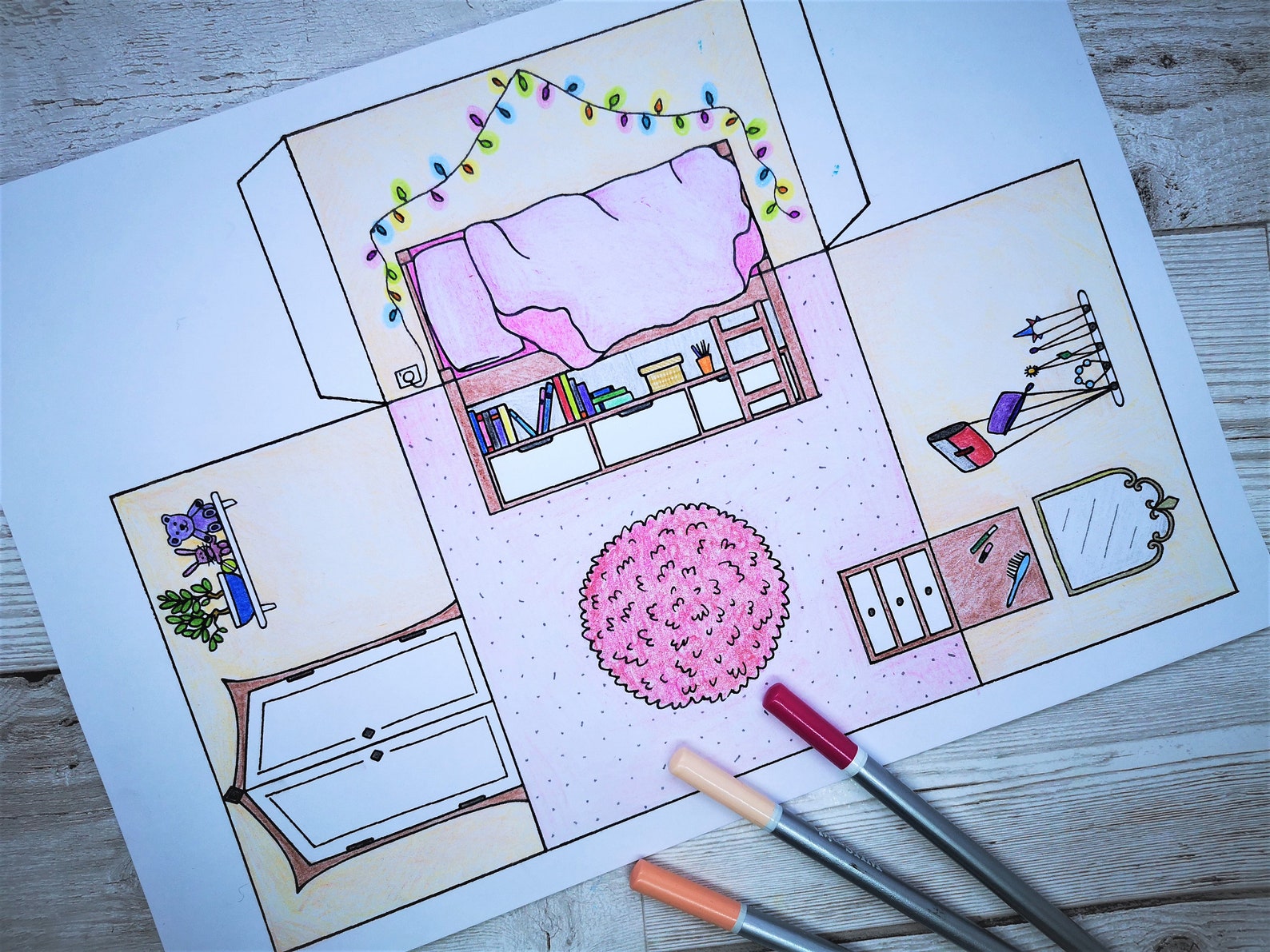 Pop-up Paper Dolls House Bedroom Printable Kids Craft - With Bed ...