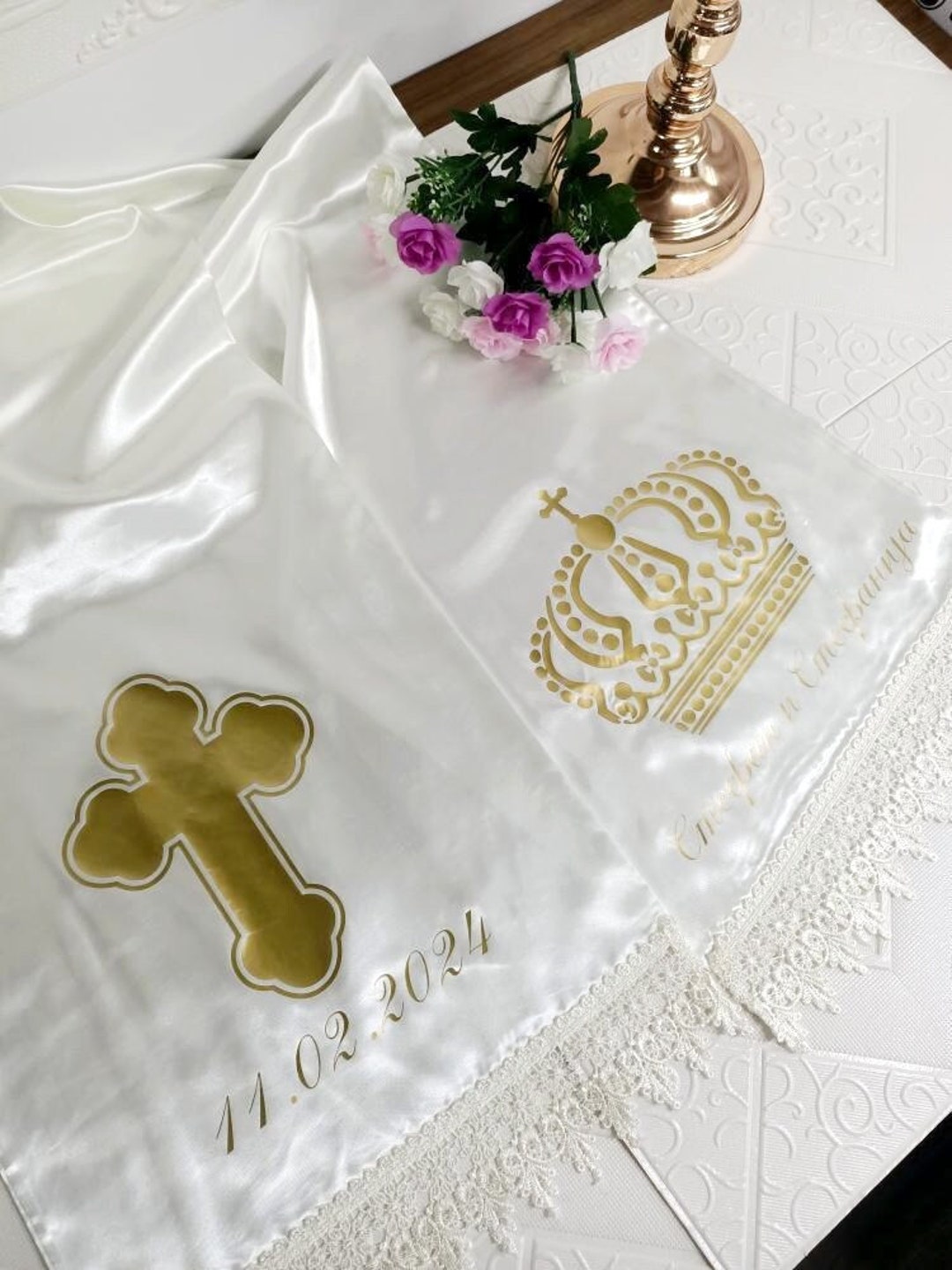 White Orthodox Wedding Sash With Cross, Crown, Names and Date Made From ...