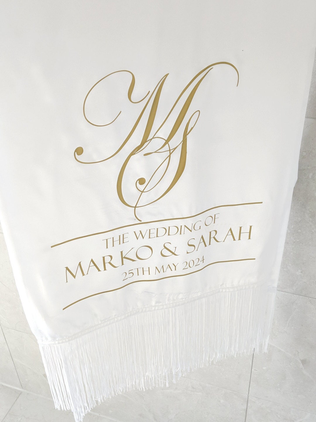 White Satin Orthodox Wedding Sash With Initials, Names and Date ...