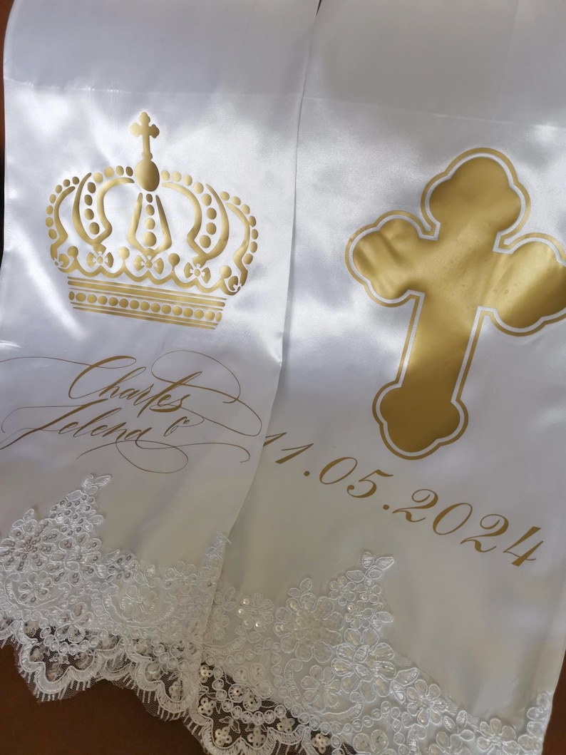 White Orthodox Wedding Sash, Personalized Cross Crown Satin Cotton ...