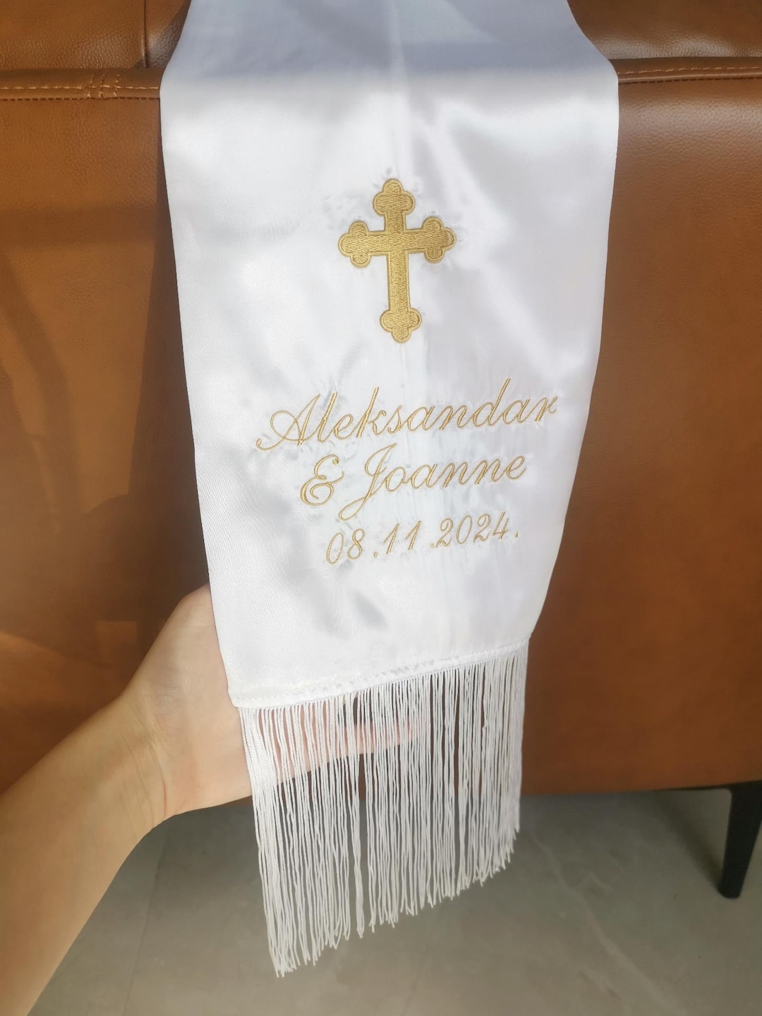 White Embroidered Orthodox Wedding Sash With Cross, Names and Date Made ...