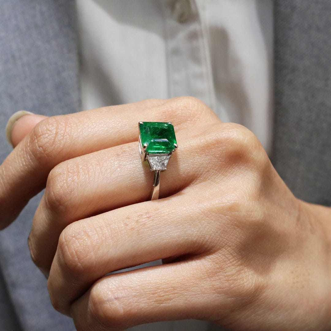 Art Deco Emerald Ring, Emerald Square Cut Ring, 925 Sterling Silver ...
