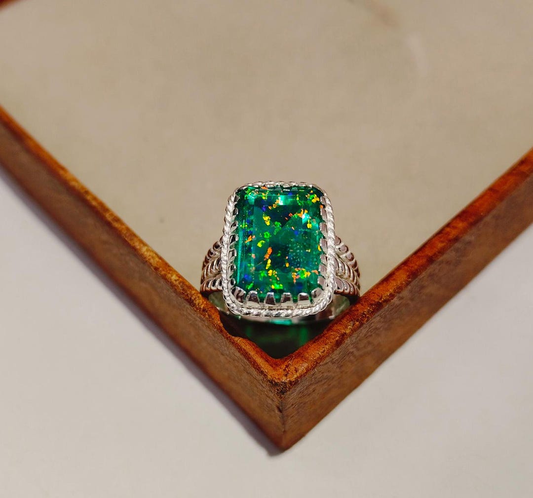 Bold 7 Ct Green Rainbow Opal Ring, Octagon Emerald Cut Green Rainbow ...