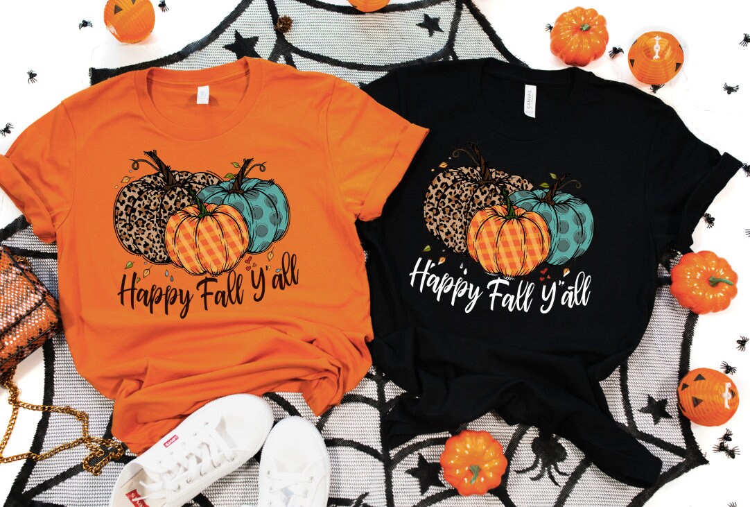 Fall Pumpkin Graphic Tee: "happy Fall Y'all" Women's Shirt - Etsy