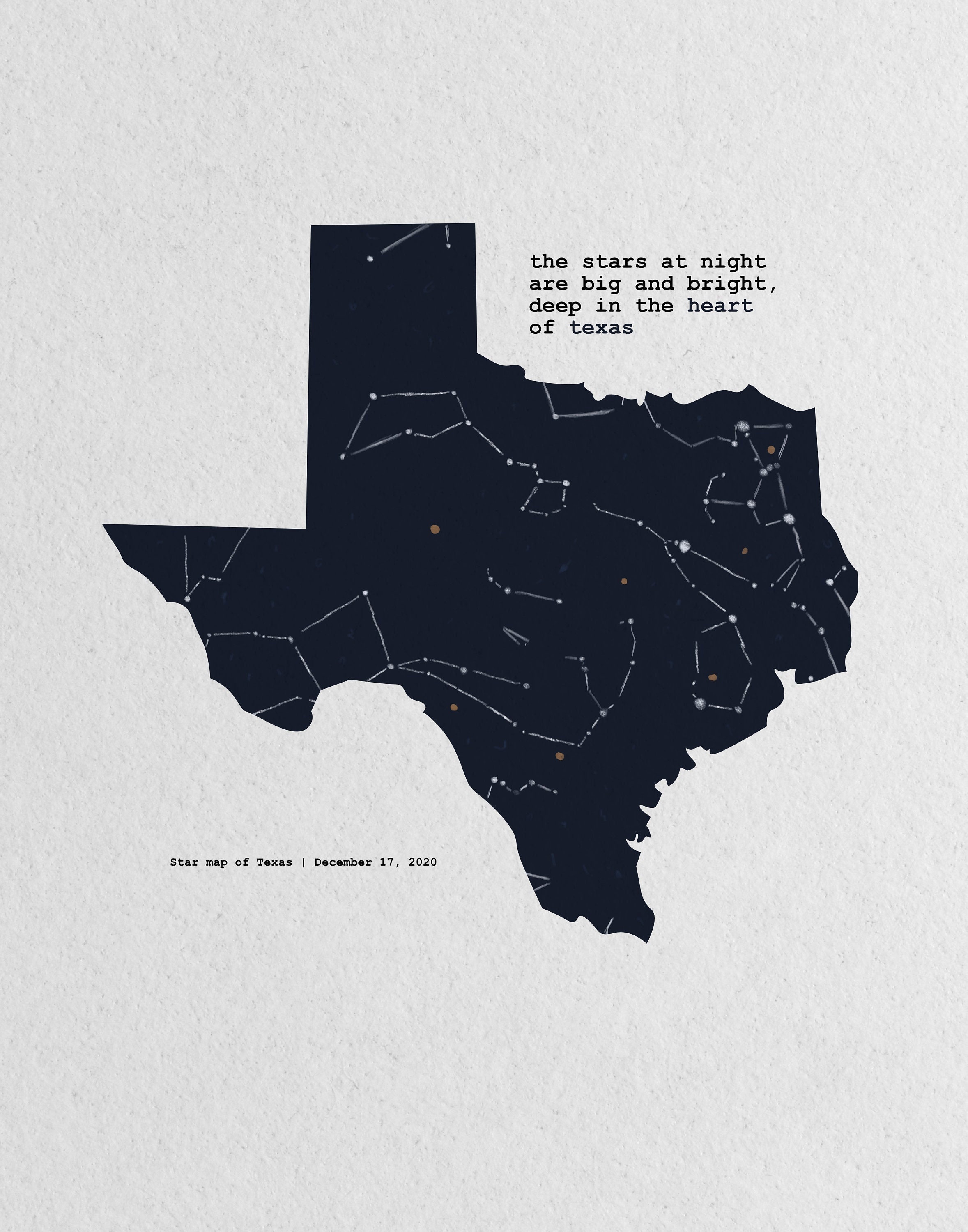 Texas Stars at Night Print, Star Map, Constellations, Cities, Texas ...