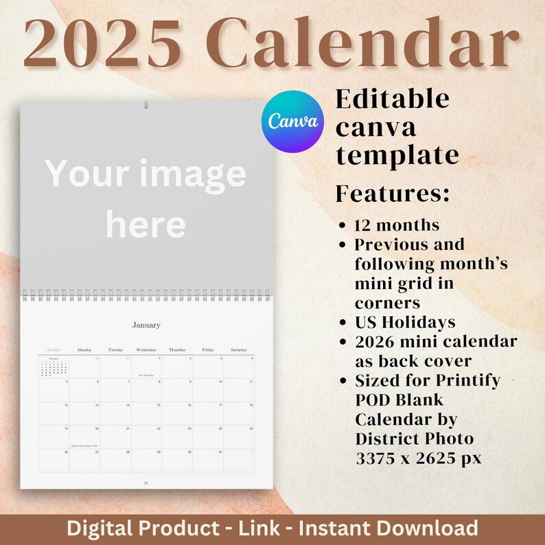 2025 Minimal Canva Calendar Template, Wall Hanging 12 Month, US ...