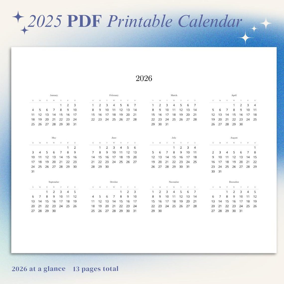 2025 Minimal Calendar Printable PDF 12 Month US Holidays at A Glance - Etsy