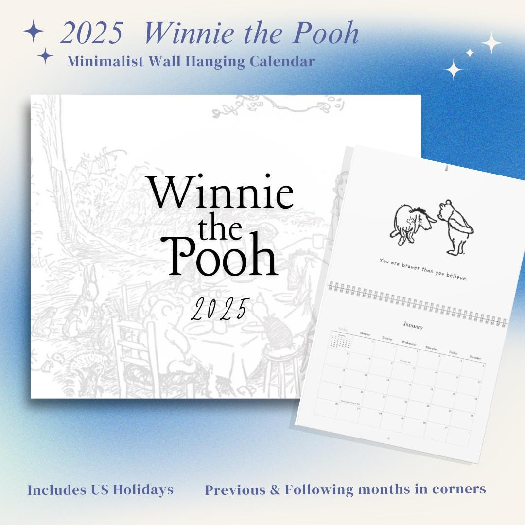 Minimalist Winnie the Pooh Calendar 2025, Inspirational Quotes, Black ...