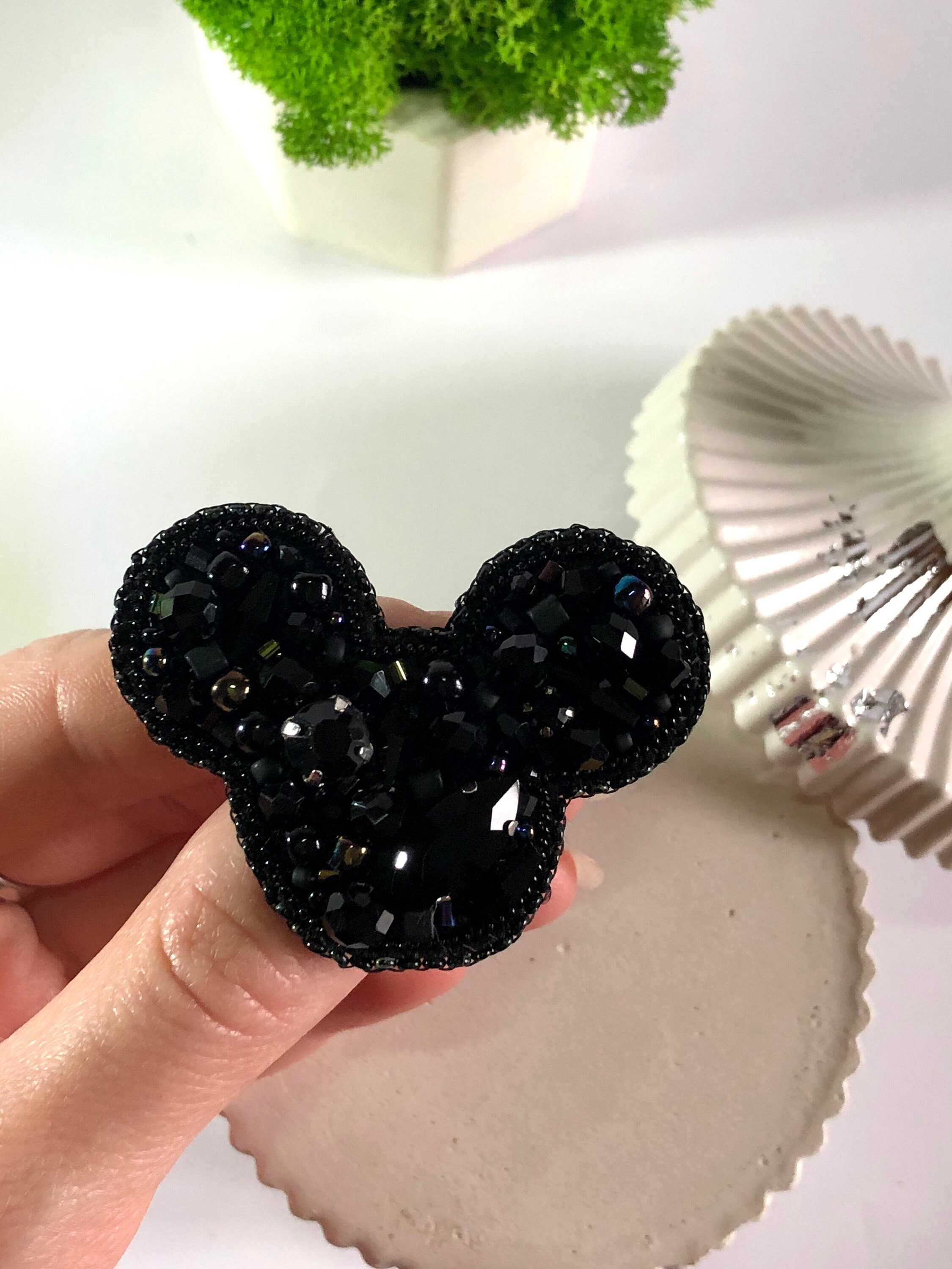 Cute Black Mouse Beaded Brooch Ears Rhinestones Pin Handmade Mouse ...