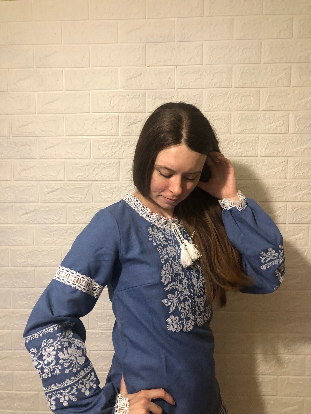 Ukrainian Embroidery Blue Vyshyvanka Traditional Women's White ...