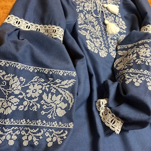 Ukrainian Embroidery Blue Vyshyvanka Traditional Women's White ...