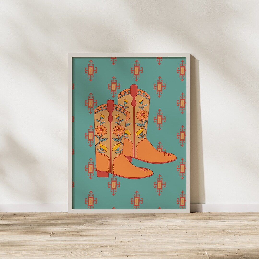 Cowboy Boots 11x14in Poster Print | Orange and Green Cowboy Art | Boho ...