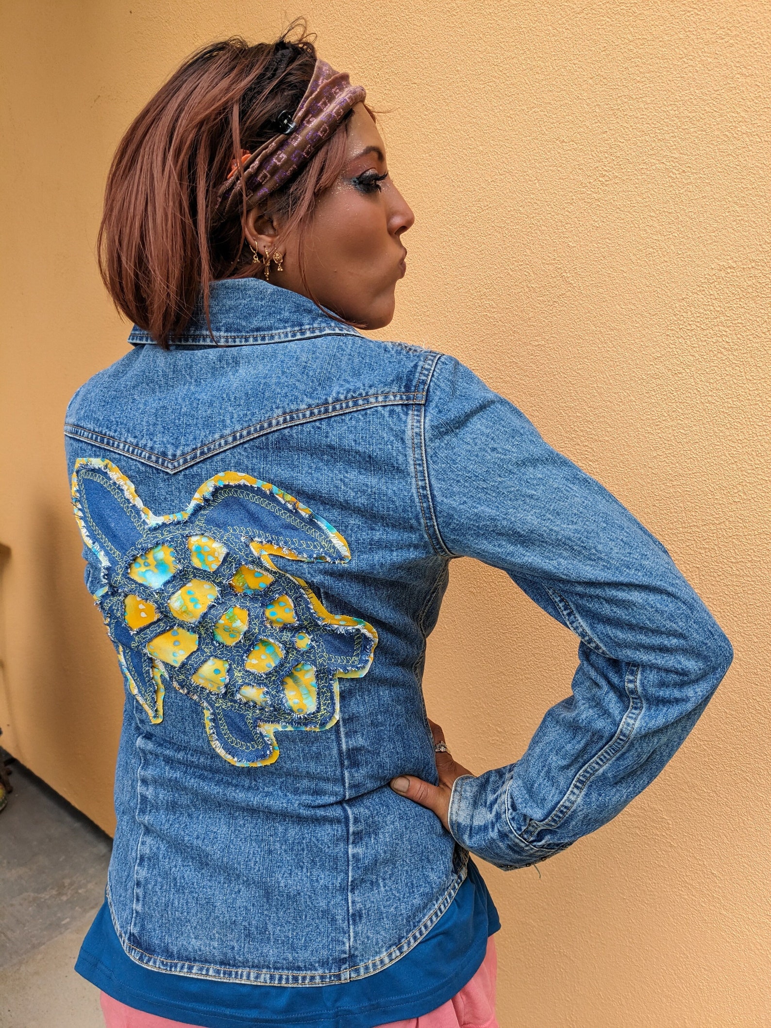 Upcycled Blue Jean/denim Jacket, With Sea Turtle - Etsy