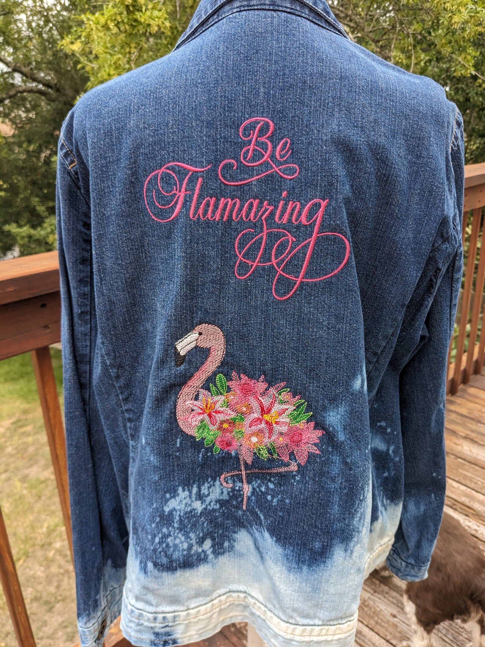 Upcycled Blue Jean/denim Jacket, One of a Kind, Embroidered Flamingo ...