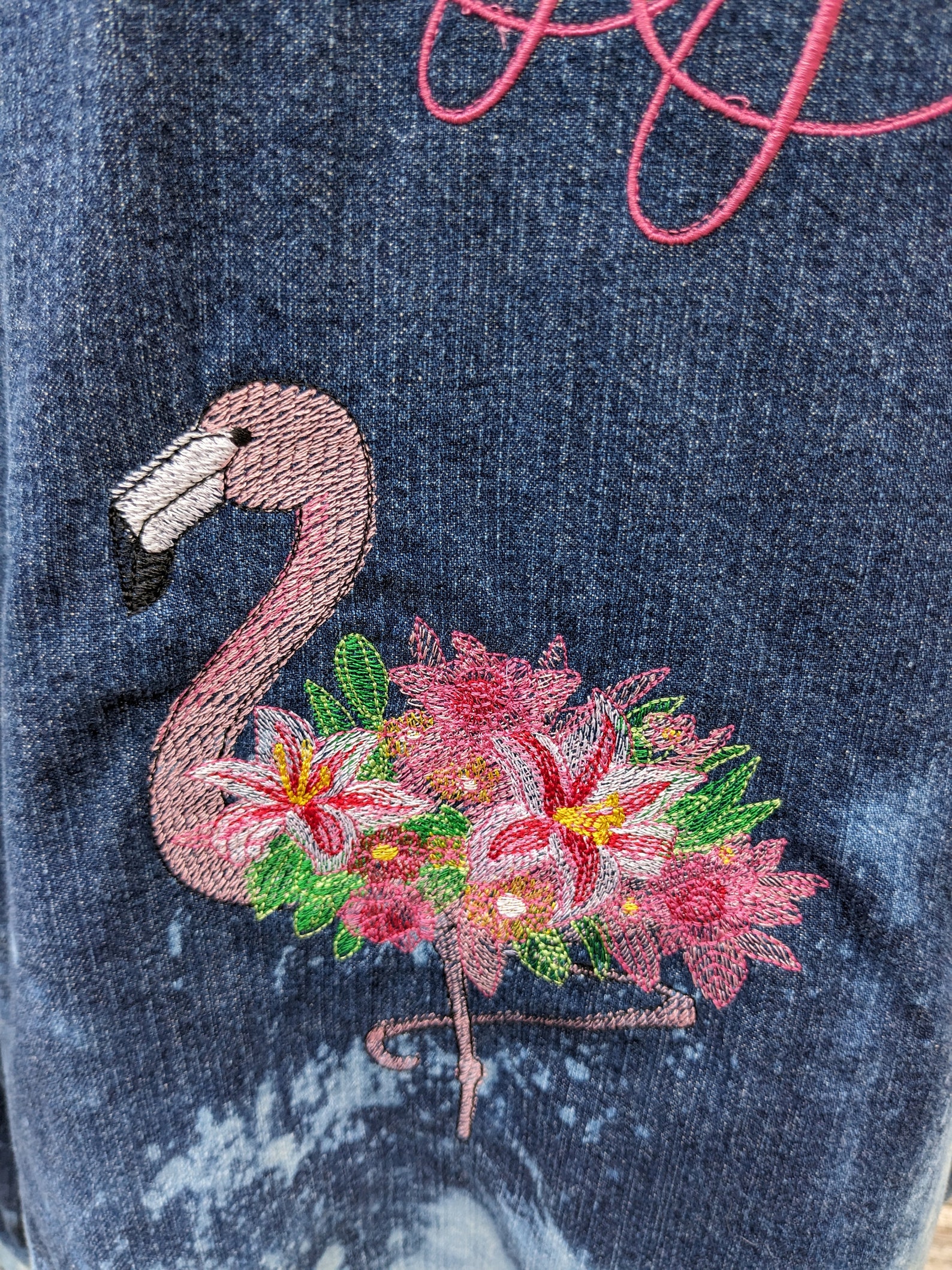 Upcycled Blue Jean/denim Jacket, One of a Kind, Embroidered Flamingo ...