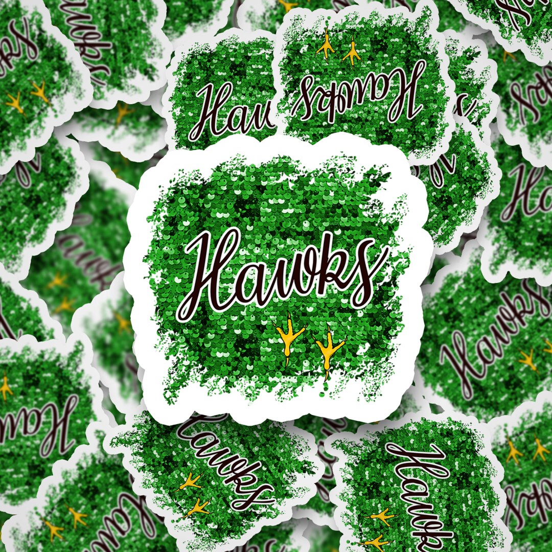 Hawks Sequin Die Cut Sticker, Mascot Sticker, Hawks, Green, Yellow ...