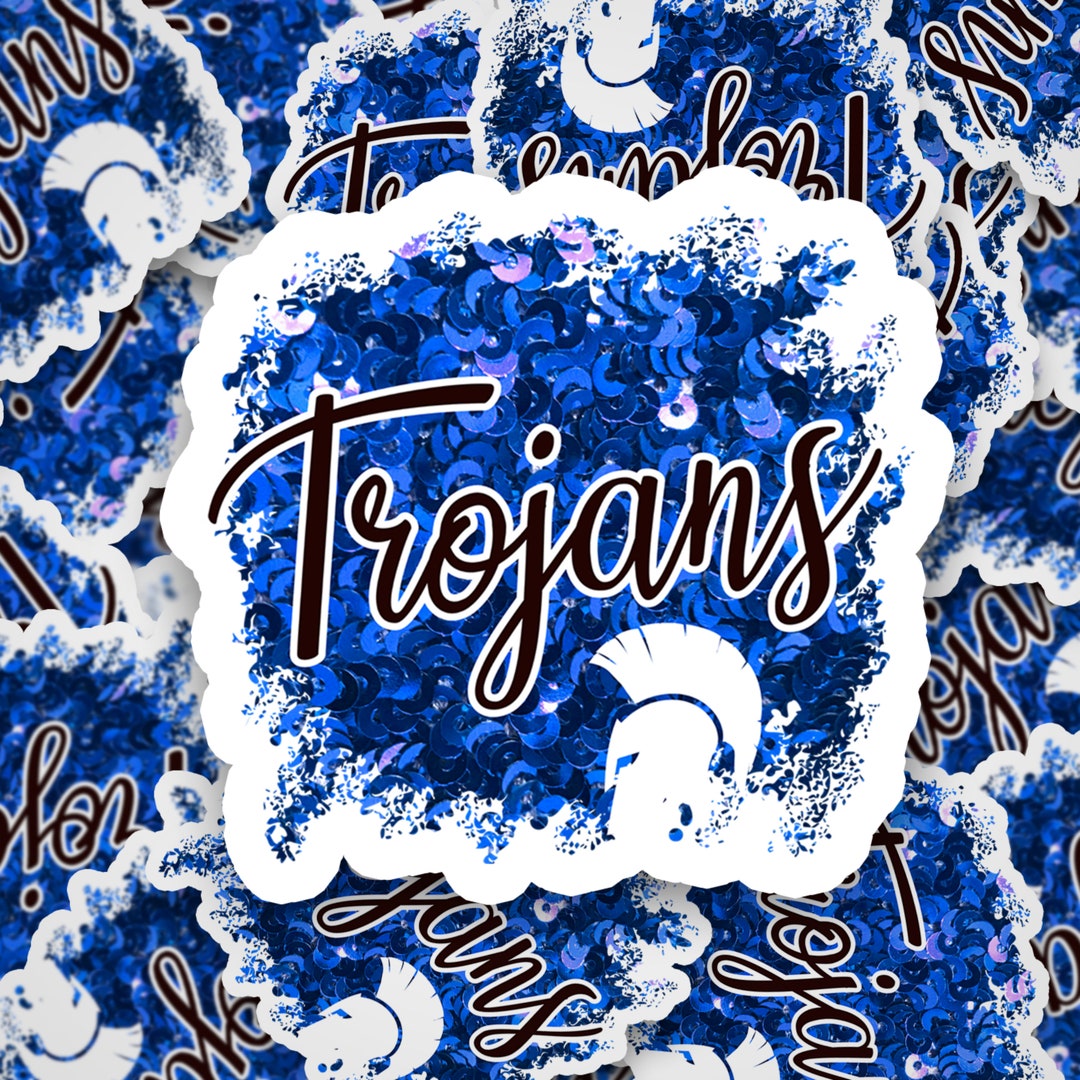Trojans Sequin Die Cut Sticker, Mascot Sticker, Trojans, Blue, White ...