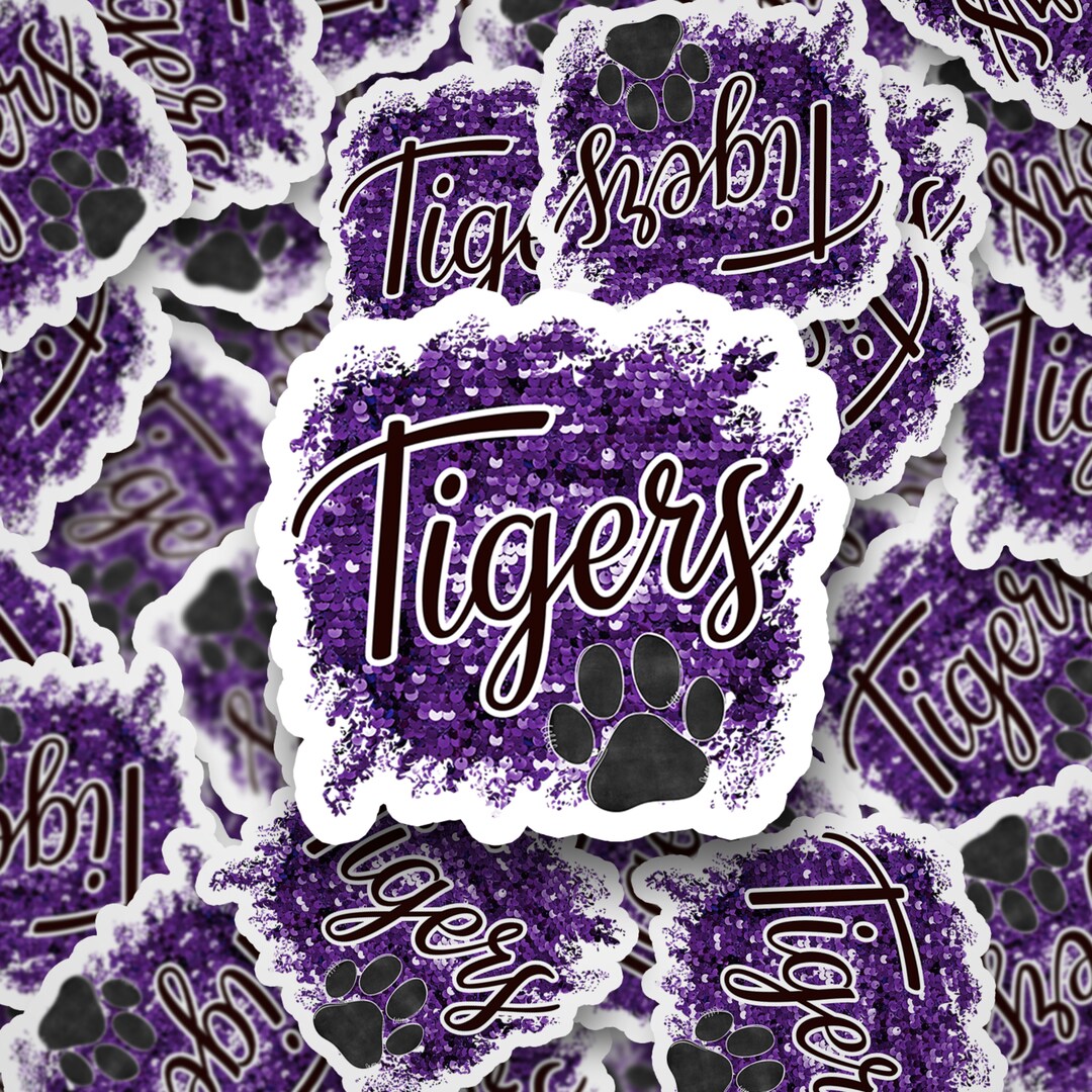 Tigers Sequin Die Cut Sticker, Mascot Sticker, Tigers, Purple, Sequin ...