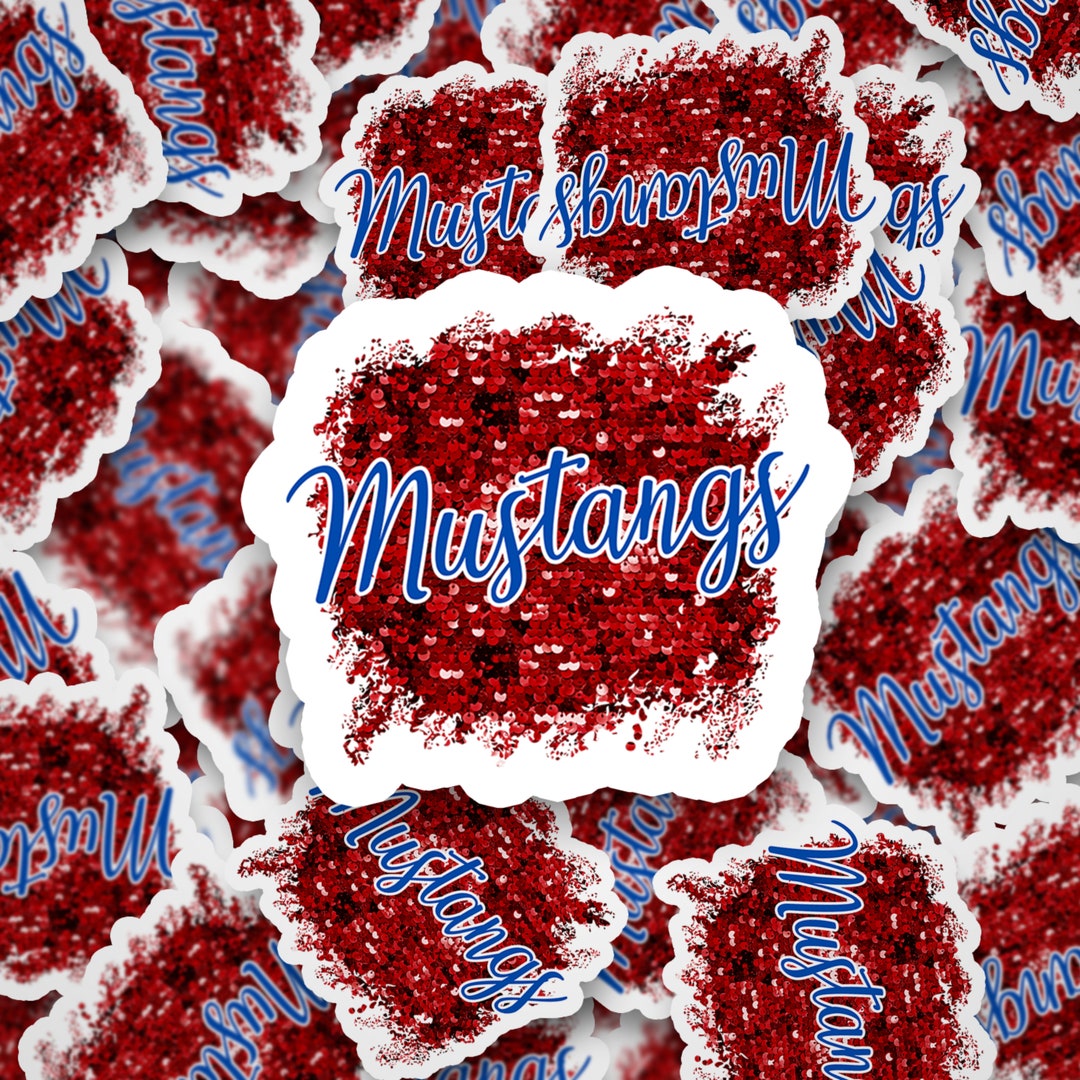Mustangs Sequin Die Cut Sticker, Mascot Sticker, Mustangs, Red, Blue, Sequin, Die Cut, Mustangs ...