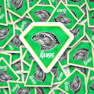 Hawks Superhero Green Sticker, Hawks Mascot, Hawks Sticker, Yellow ...